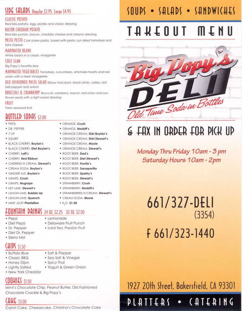 Menu at Big Popy's, Bakersfield