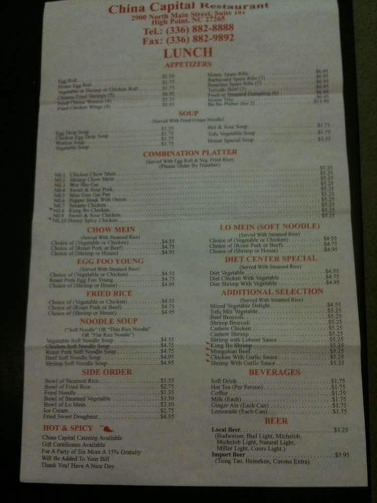 Menu at China Capital Restaurant, High Point