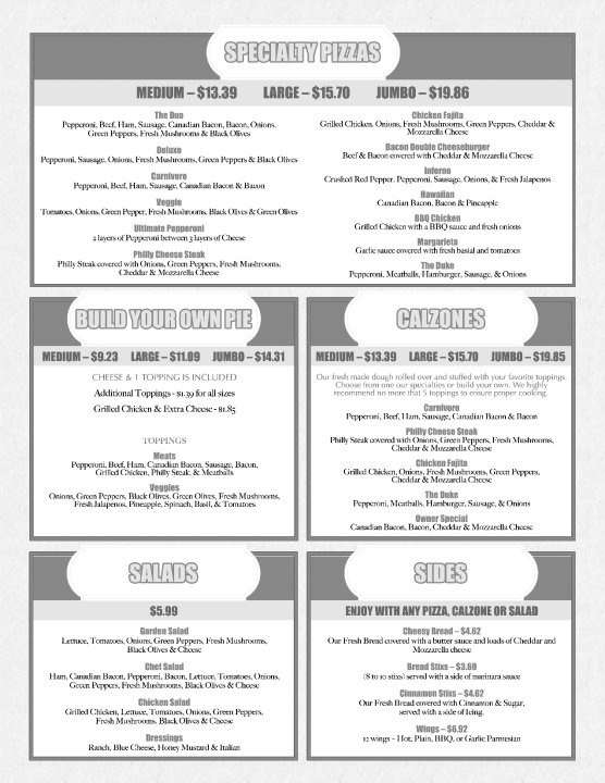 Menu at Pizza Duo restaurant, Borger