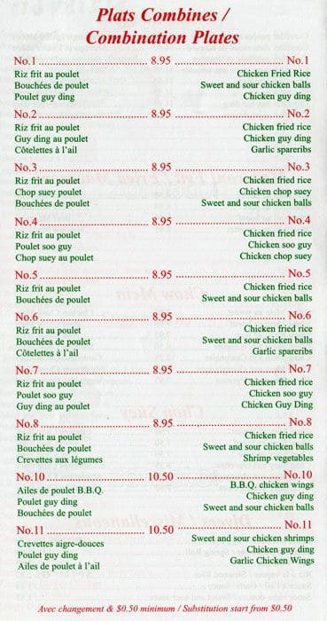 Menu au Restaurant Lee, Gatineau