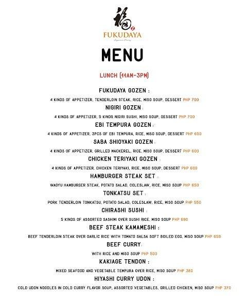 Menu at Fukudaya restaurant, Taguig