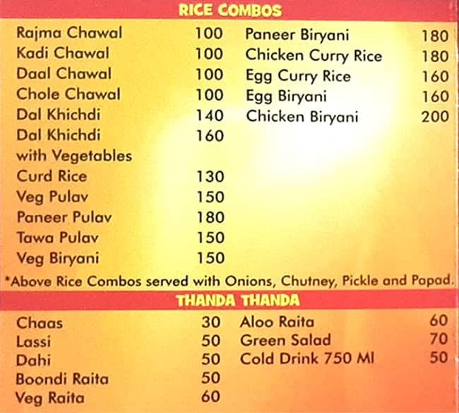 Menu of Punjabi Thali & Combos, Near Andheri East Station, Mumbai