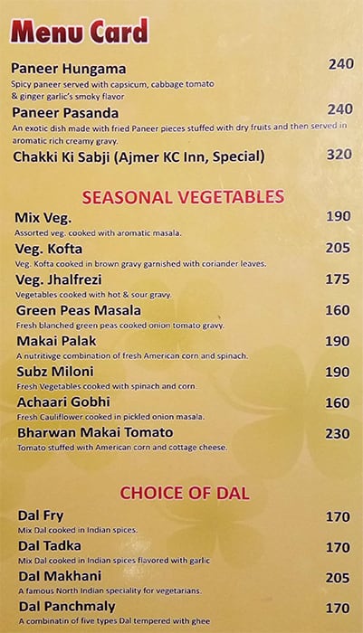 Menu at KC Inn Restaurant, Ajmer, Jaipur Road