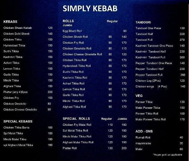 Menu of Simply Kebab, Egatoor, Chennai