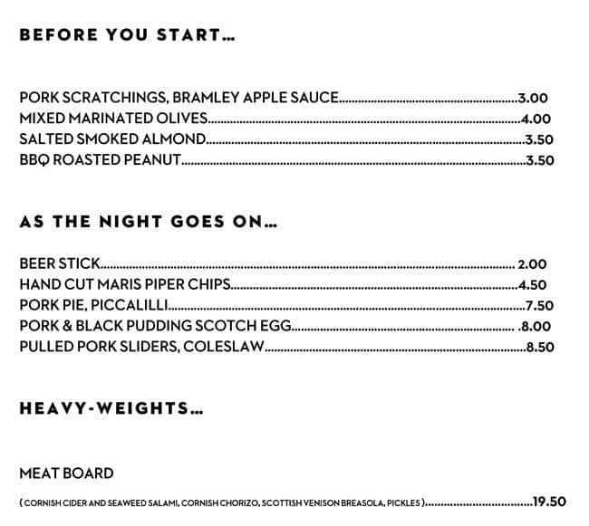 Menu at The Cockpit pub & bar, London