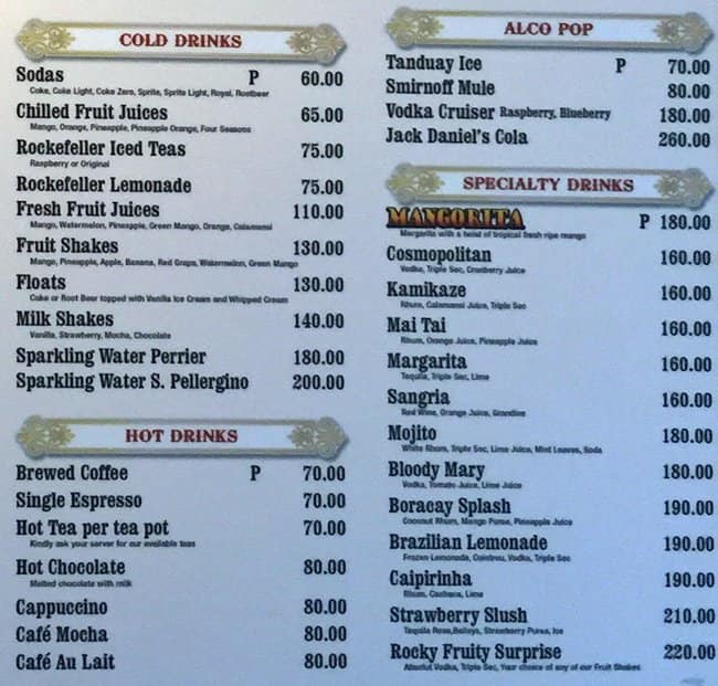 Menu at Mr. Rockefeller pub & bar, Makati
