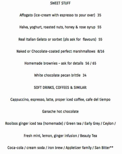 Menu at The Leopard restaurant, Johannesburg, 44 Stanley Avenue