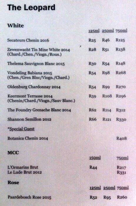 Menu at The Leopard restaurant, Johannesburg, 44 Stanley Avenue