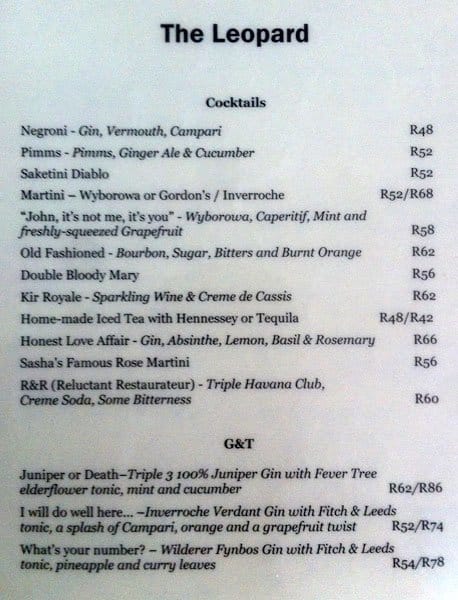 Menu at The Leopard restaurant, Johannesburg, 44 Stanley Avenue