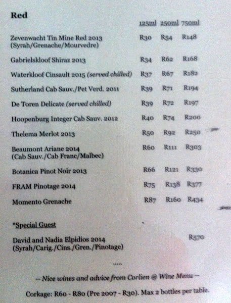 Menu at The Leopard restaurant, Johannesburg, 44 Stanley Avenue