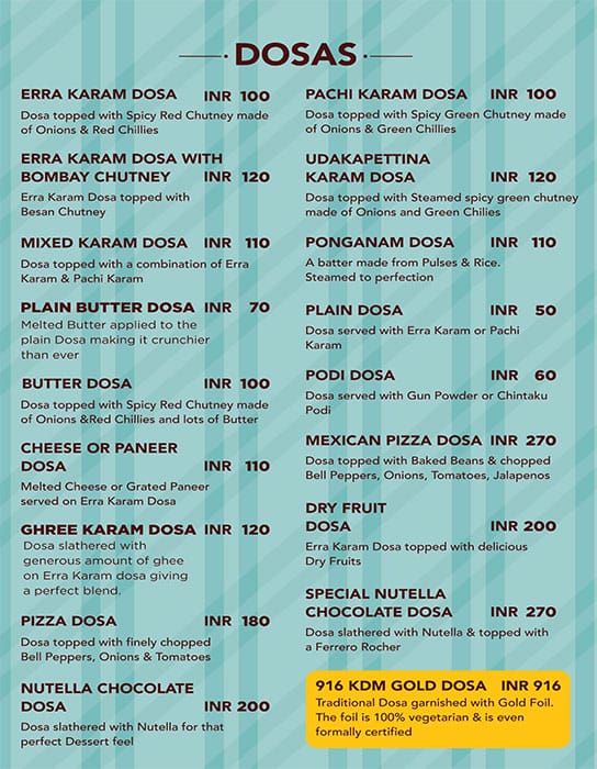 Menu of House Of Dosas, Banjara Hills, Hyderabad