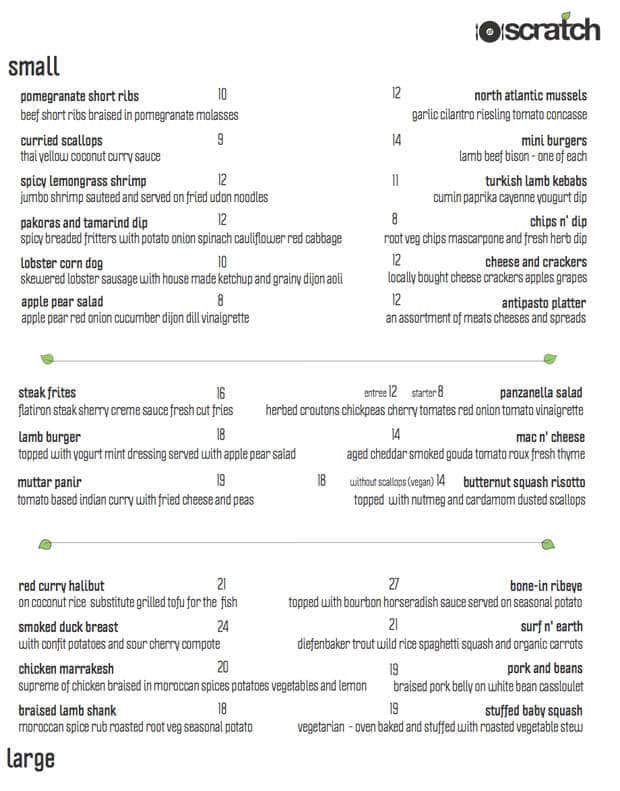 Menu at Scratch, Saskatoon