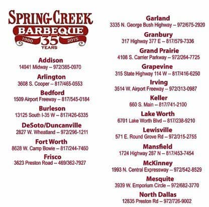 Menu at Spring Creek Barbeque, Cypress, Northwest Fwy