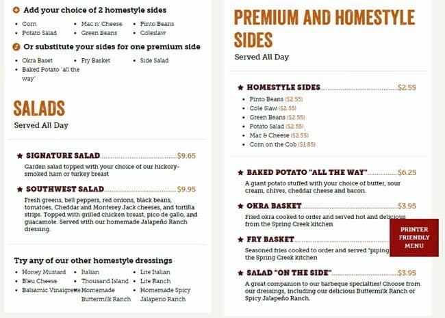 Menu at Spring Creek Barbeque, Cypress, Northwest Fwy