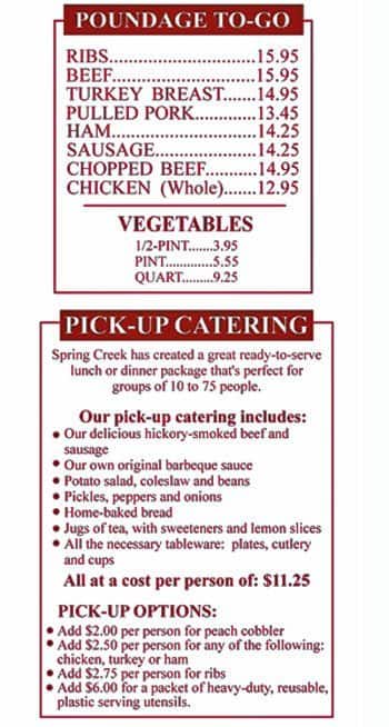 Menu at Spring Creek Barbeque, Cypress, Northwest Fwy