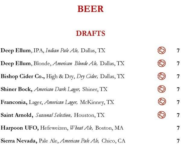 Menu at Pyramid restaurant, Dallas