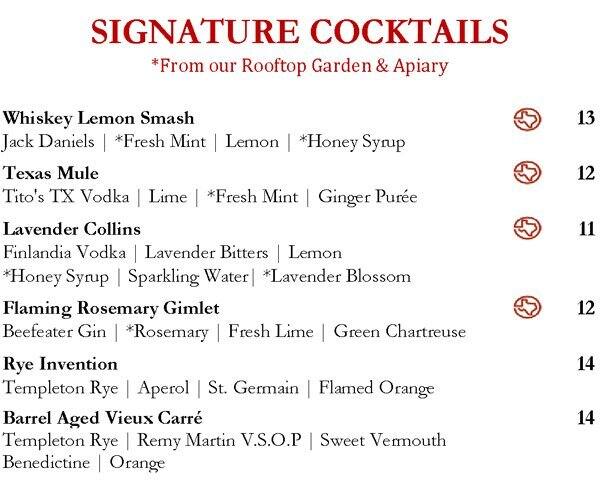 Menu at Pyramid restaurant, Dallas