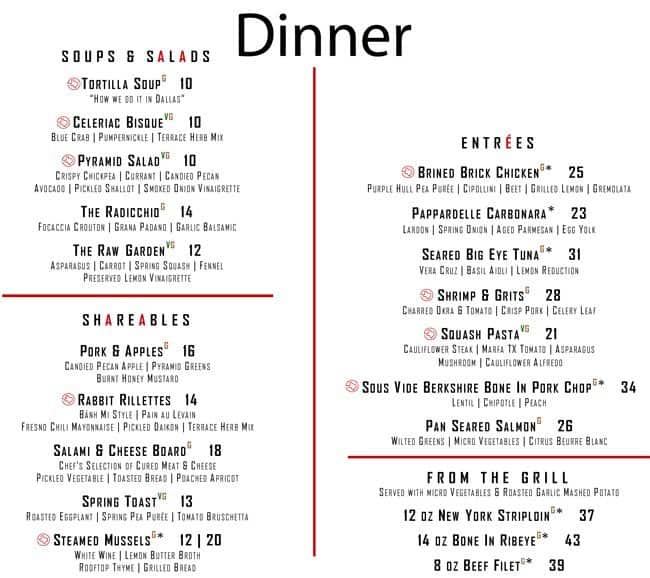 Menu at Pyramid restaurant, Dallas