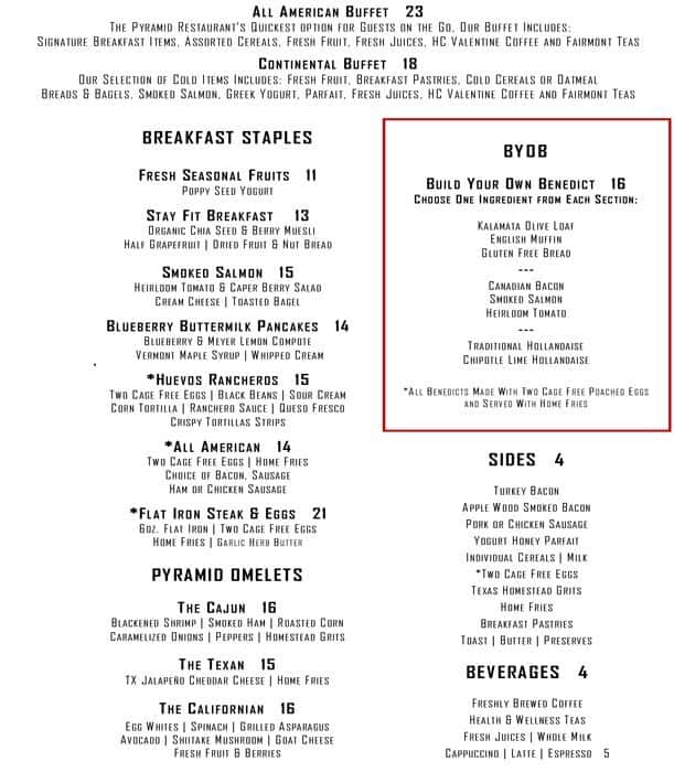 Menu at Pyramid restaurant, Dallas