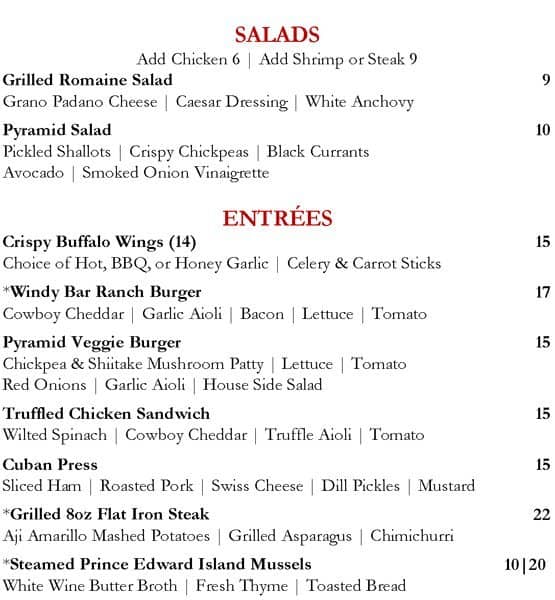 Menu at Pyramid restaurant, Dallas