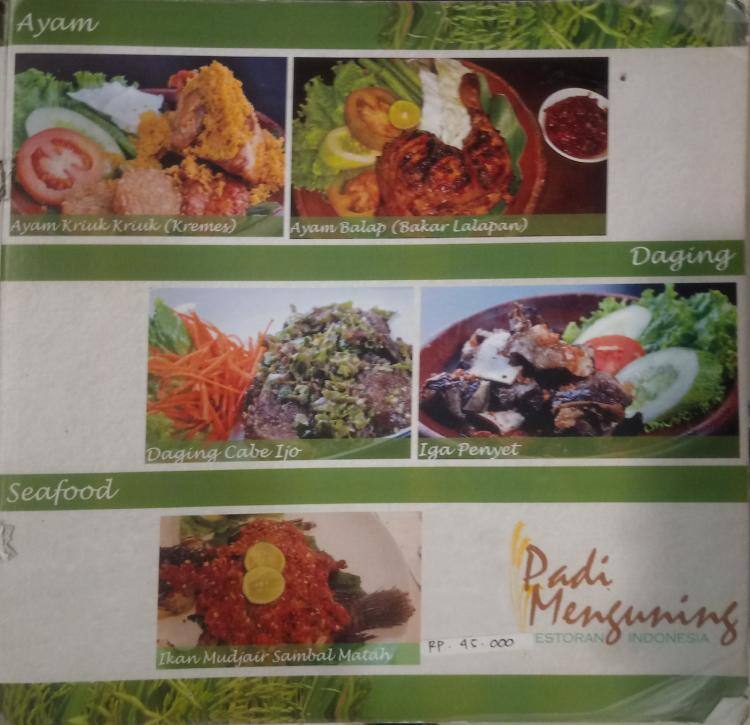 Menu at Padi Menguning restaurant, South Tangerang