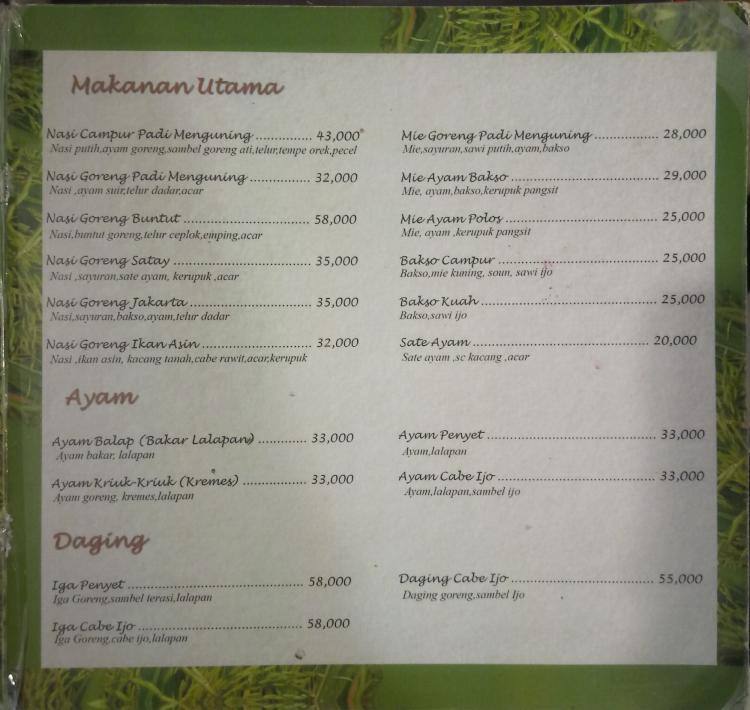Menu at Padi Menguning restaurant, South Tangerang