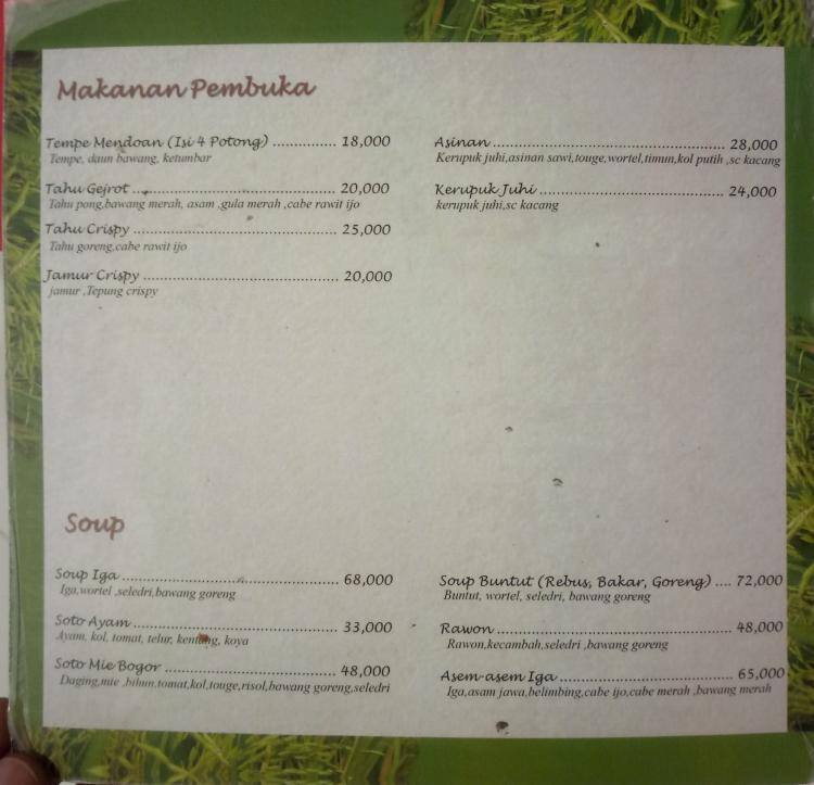 Menu at Padi Menguning restaurant, South Tangerang