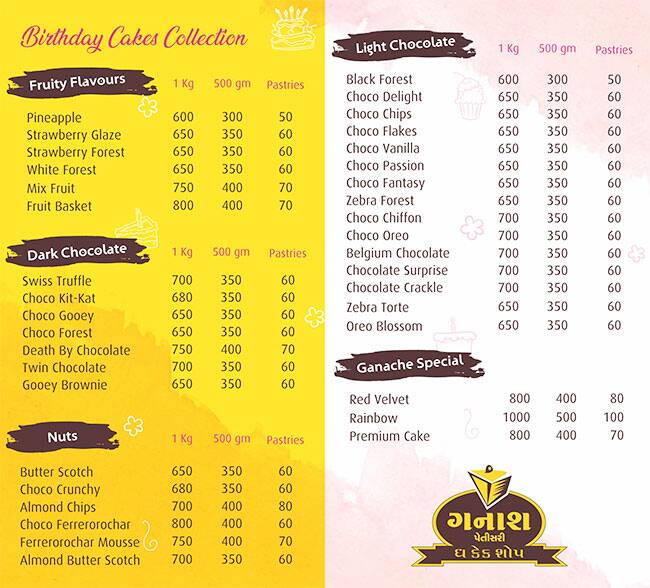 Menu of Ganache Patisserie, Sayajipura, Vadodara