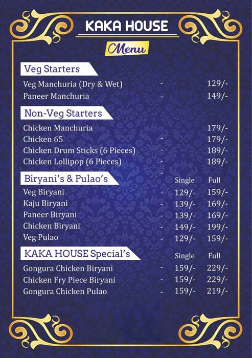 Menu of Kaka House, L B Nagar, Hyderabad
