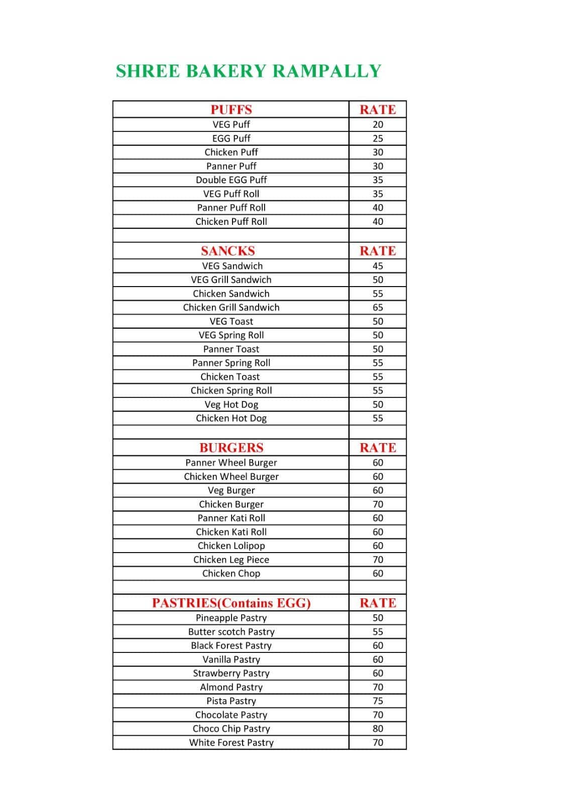 Menu of Shree Bakery, Narapally, Hyderabad