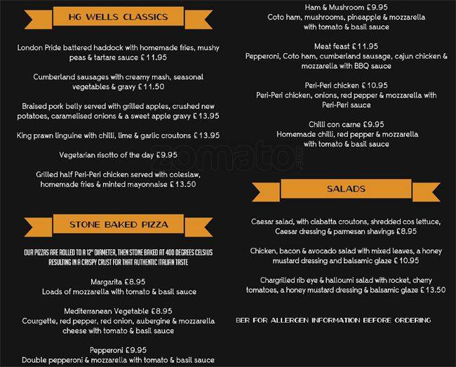Menu at The HG Wells pub & bar, Worcester Park