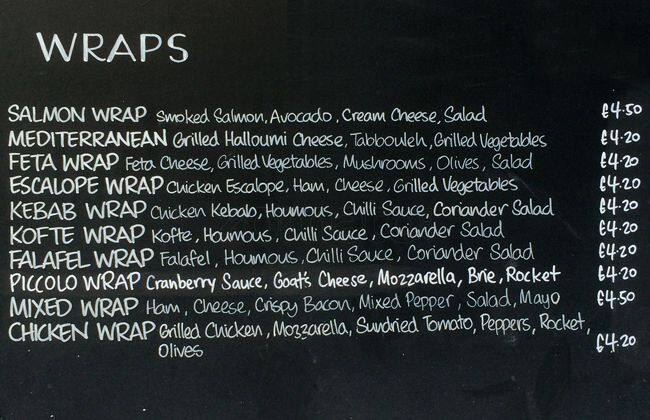 Menu at Piccolo Snack Bar, London, 115 Euston St