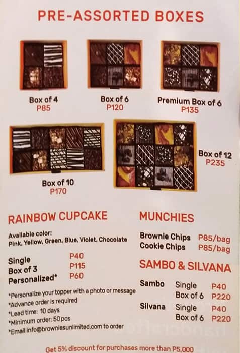 Menu at Brownies Unlimited desserts, Makati, Walter Mart
