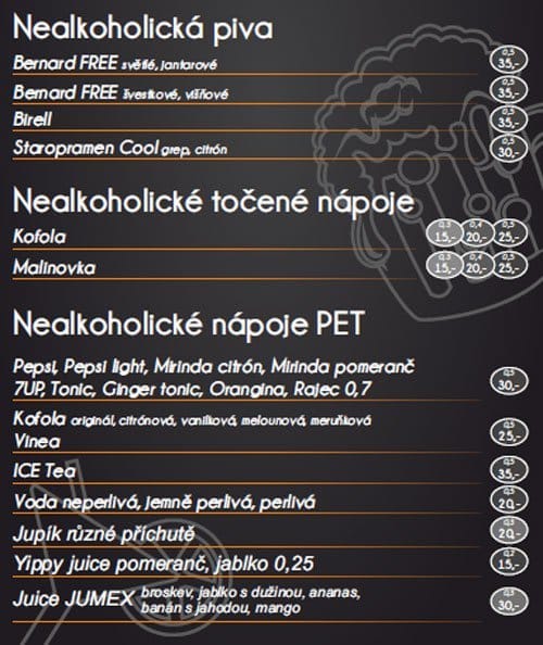 Menu at Kino Modřanský Biograf steakhouse, Prague