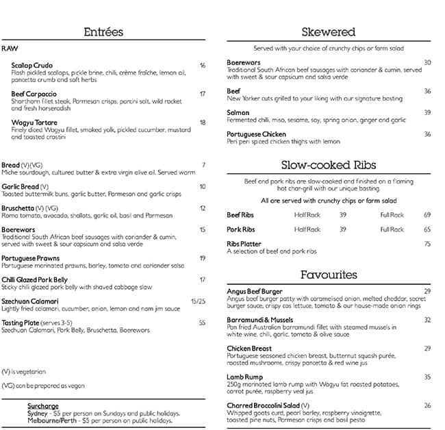 Menu at The Meat & Wine Co - InterContinental Sydney steakhouse, Sydney