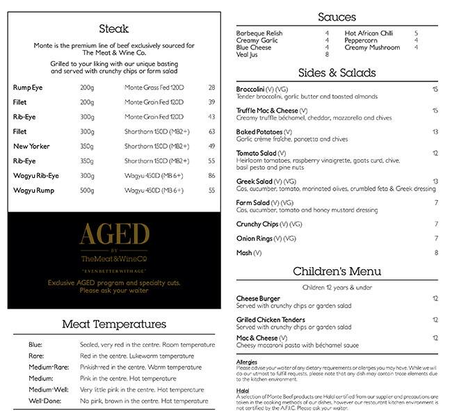 Menu at The Meat & Wine Co - InterContinental Sydney steakhouse, Sydney