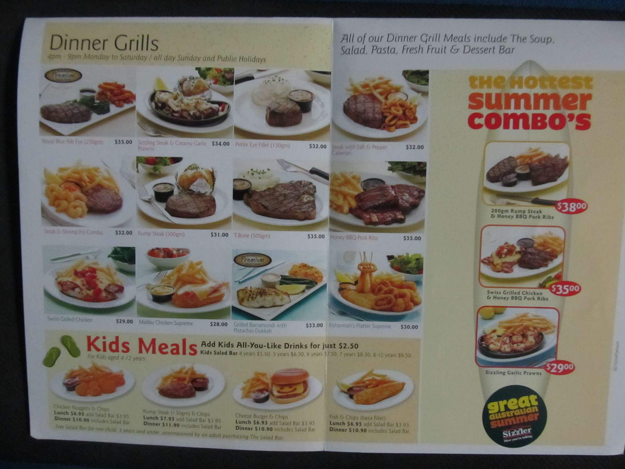 Menu at Sizzler Beldon restaurant, Mullaloo