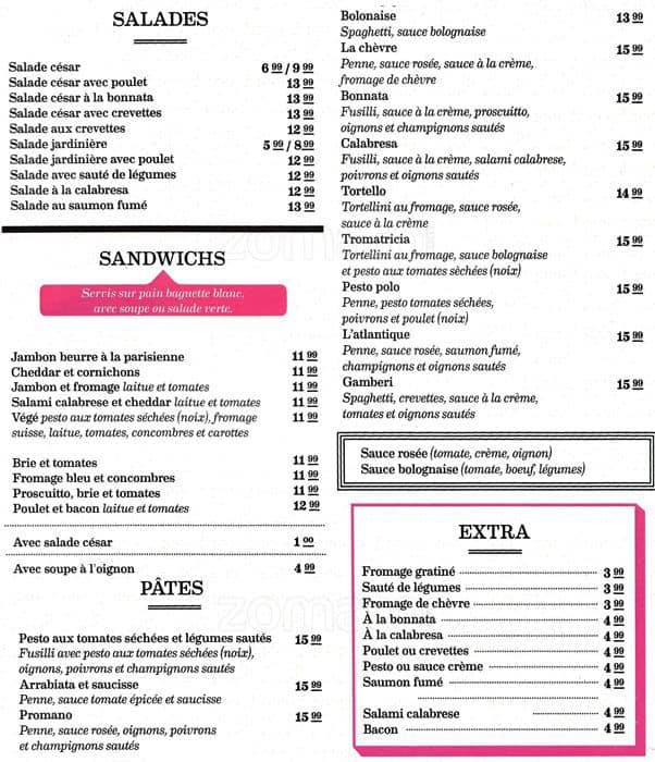 Menu at Le Troquet restaurant, Gatineau