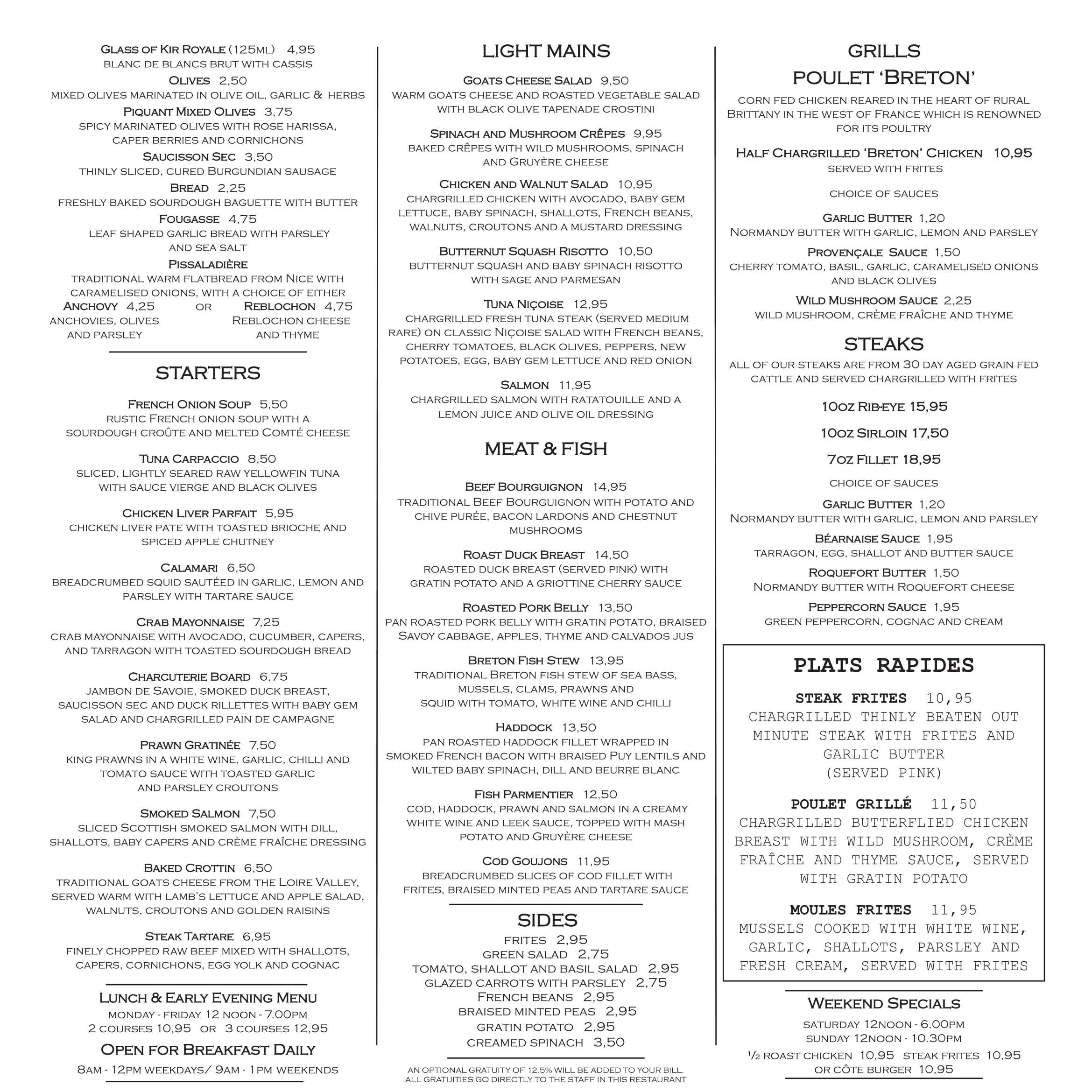 Menu at Cote Bistro restaurant, Liverpool