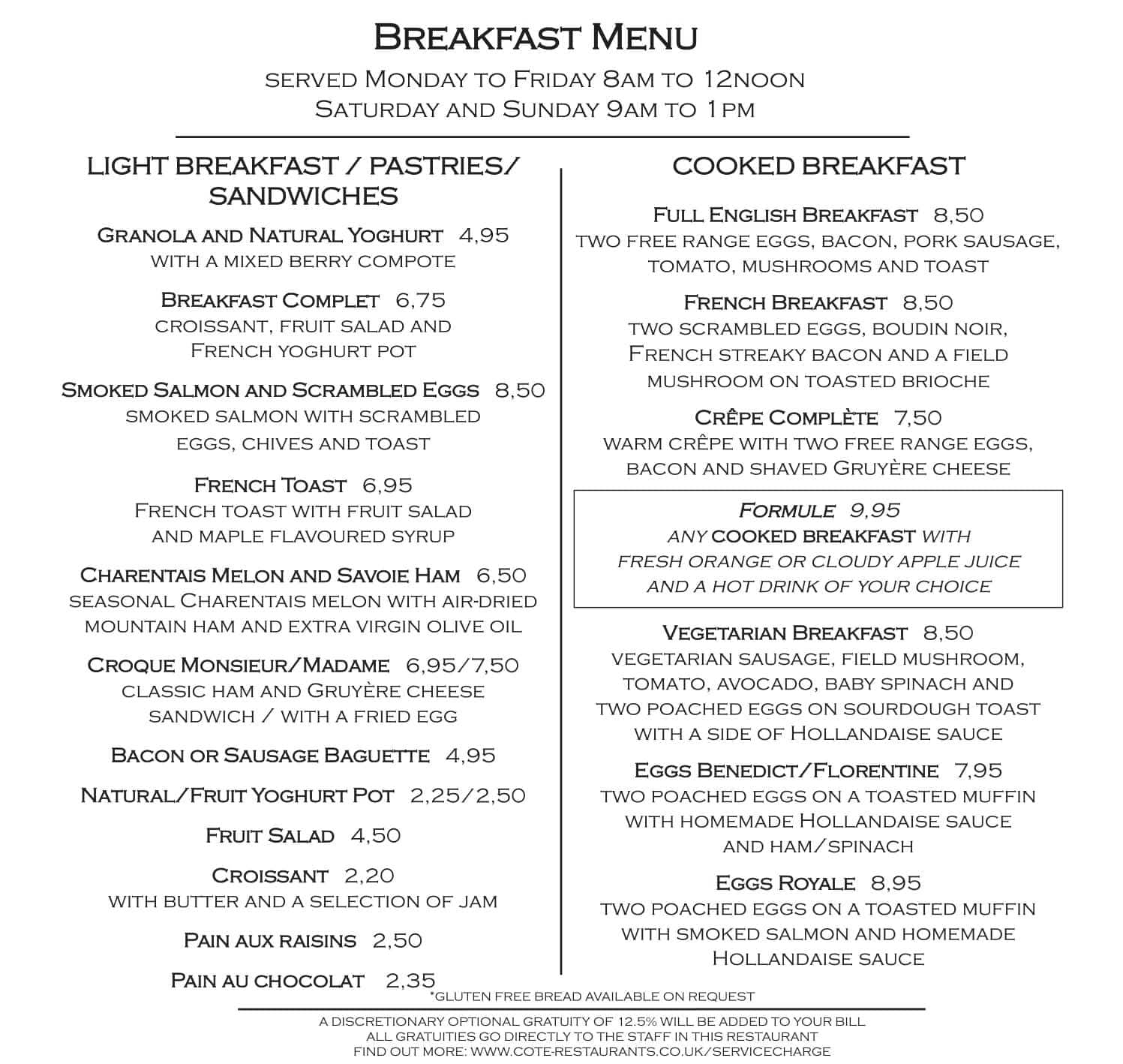 Menu at Cote Bistro restaurant, Liverpool