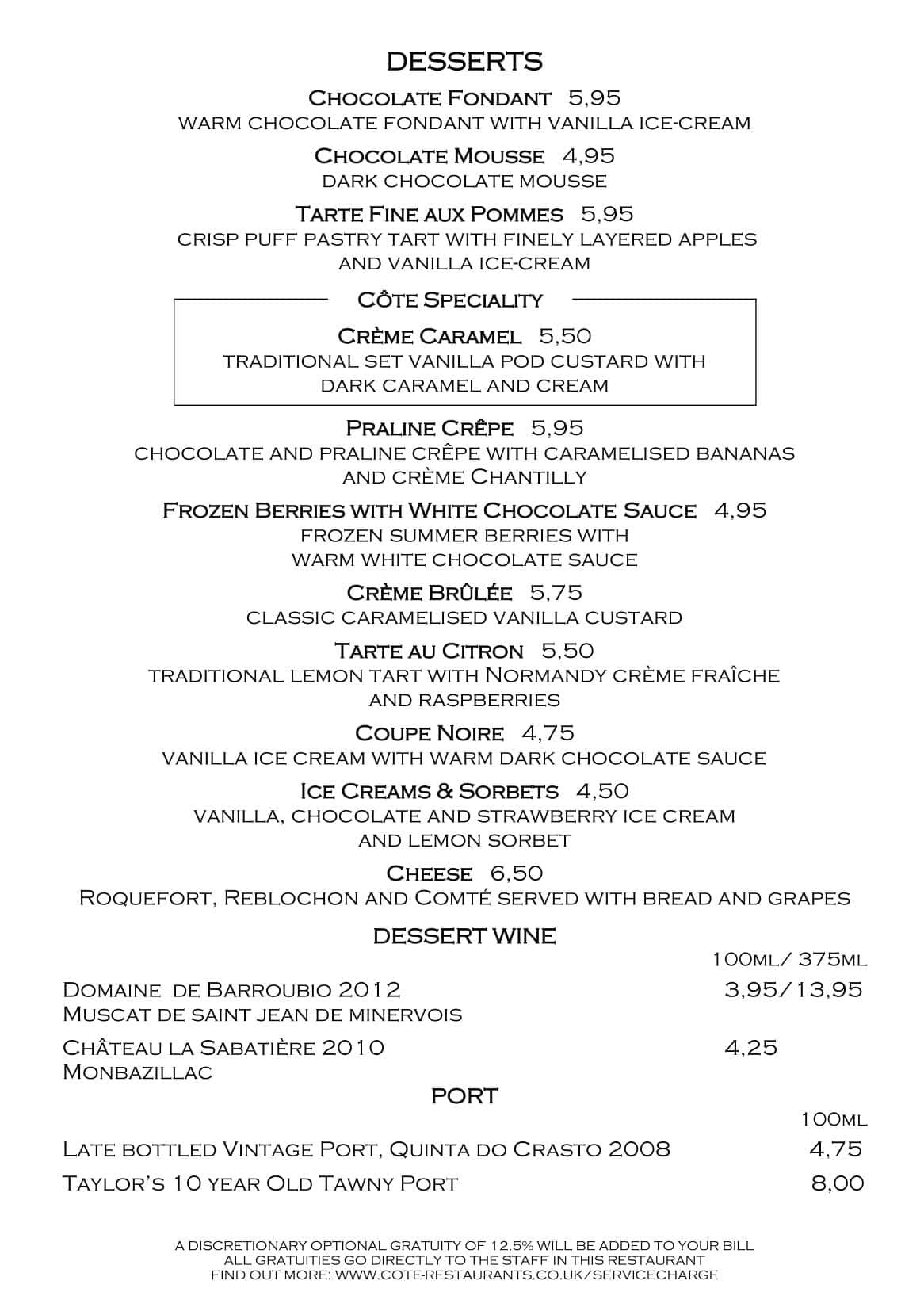 Menu at Cote Bistro restaurant, Liverpool