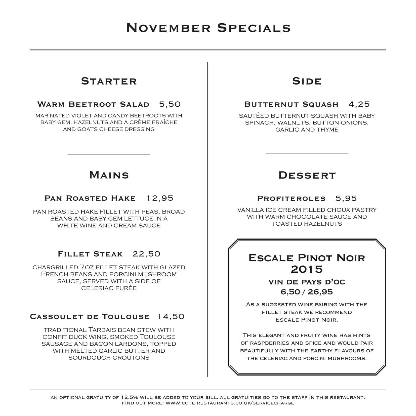 Menu at Cote Bistro restaurant, Liverpool