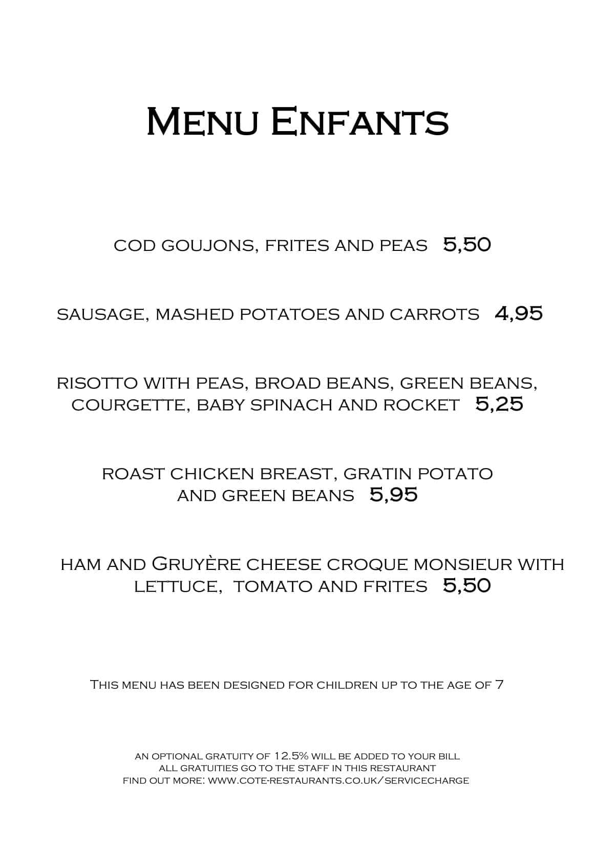 Menu at Cote Bistro restaurant, Liverpool