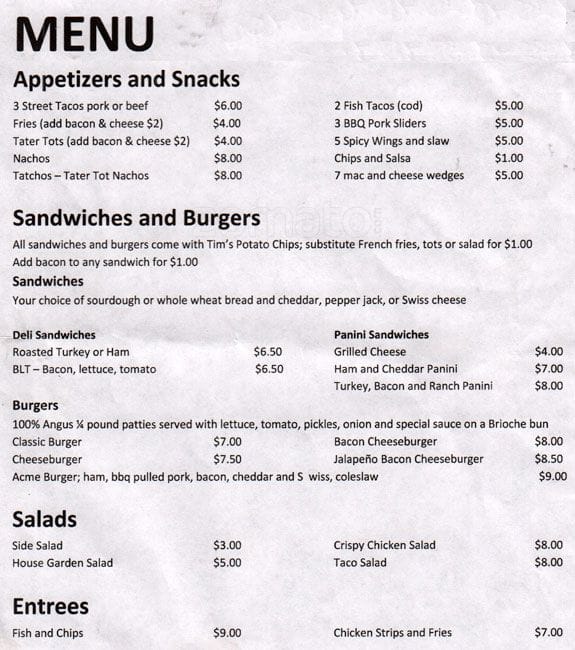 Menu at Acme Tavern pub & bar, Tacoma