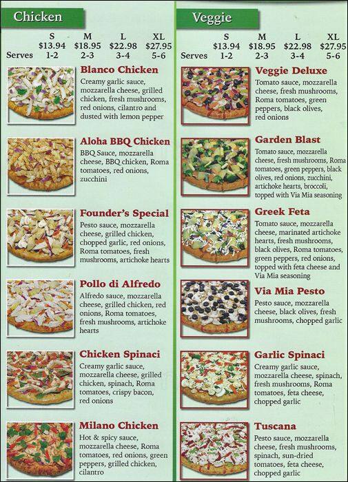 Menu at Via Mia pizzeria, Santa Clara