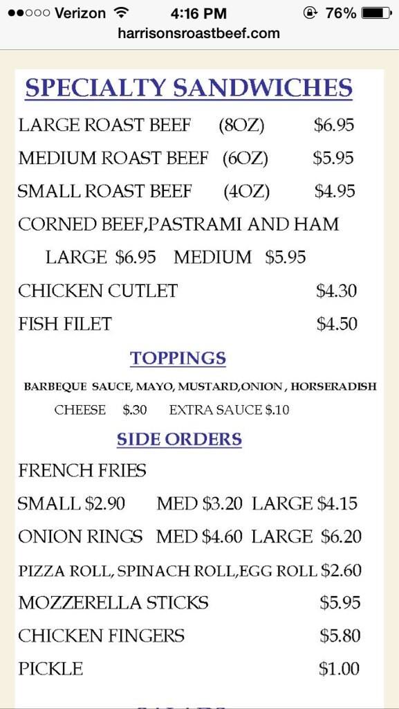 Menu at Harrison's Roast Beef fast food, North Andover