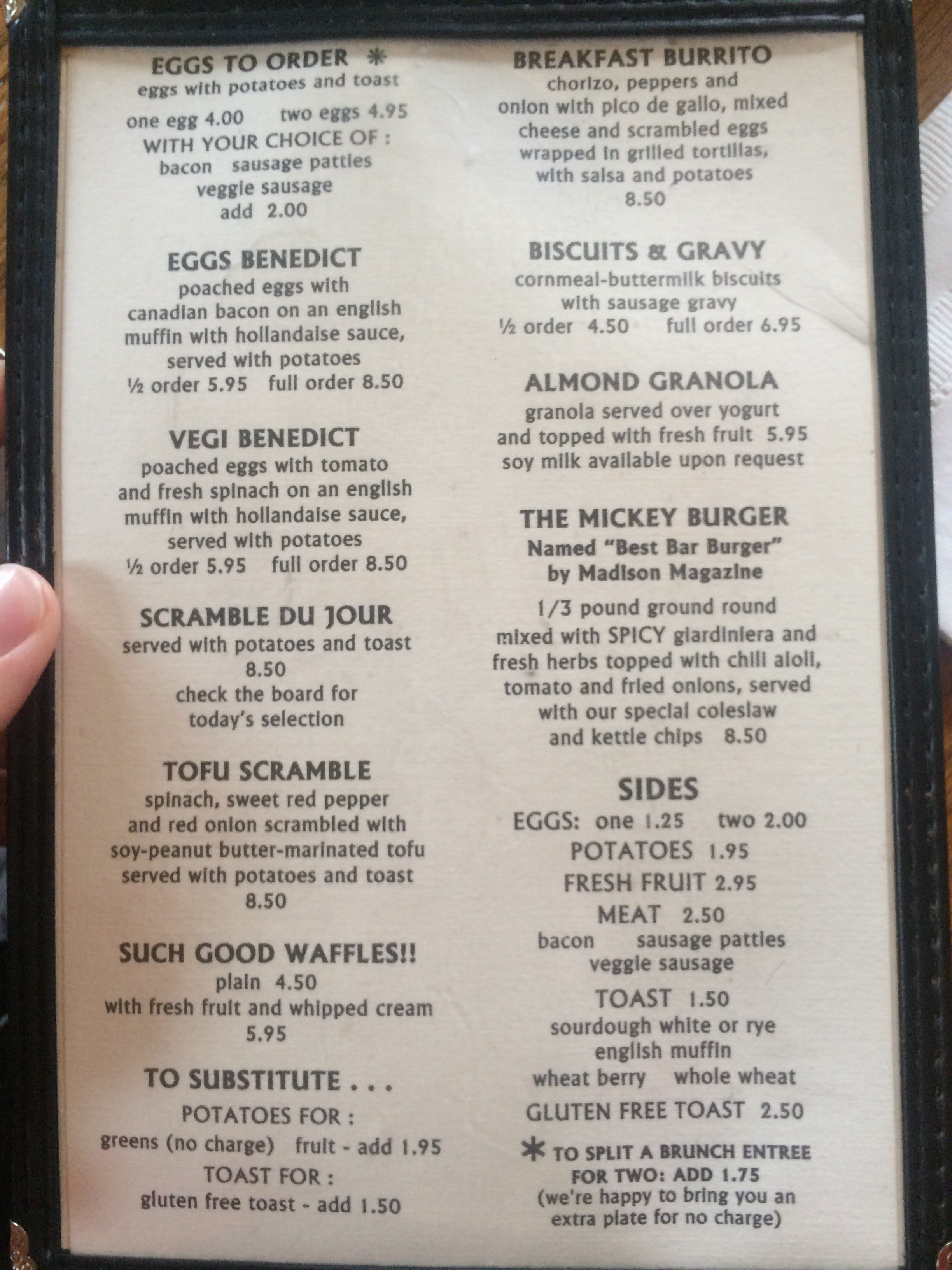 Menu at Mickey's Tavern pub & bar, Madison