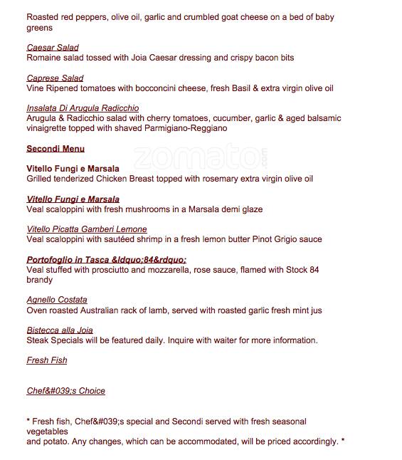 Menu at Joia Ristorante restaurant, Aurora