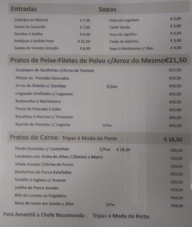 Menu at Líder restaurant, Porto