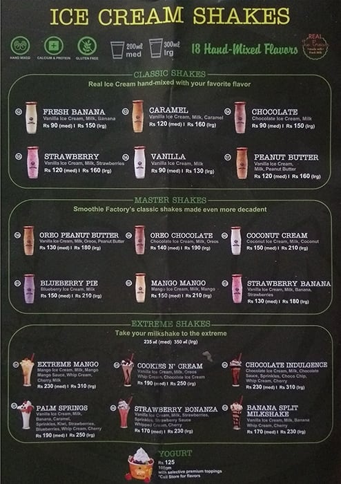 Menu of Smoothie Factory, Pali Hill, Bandra West, Mumbai